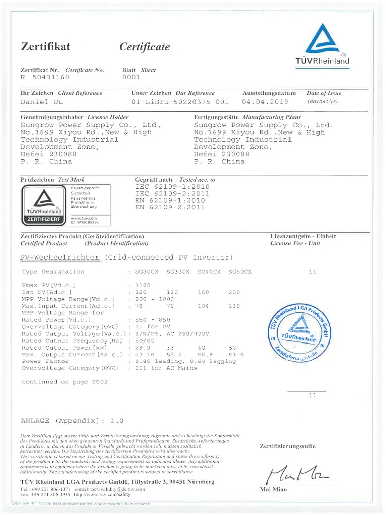 SG30 - 33 - 40 - 50CX IEC 62109 Certificate PDF | PDF