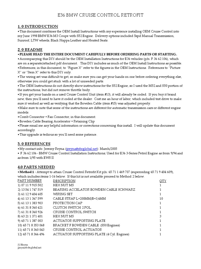 E36 BMW Cruise Control Retrofit Guide | PDF