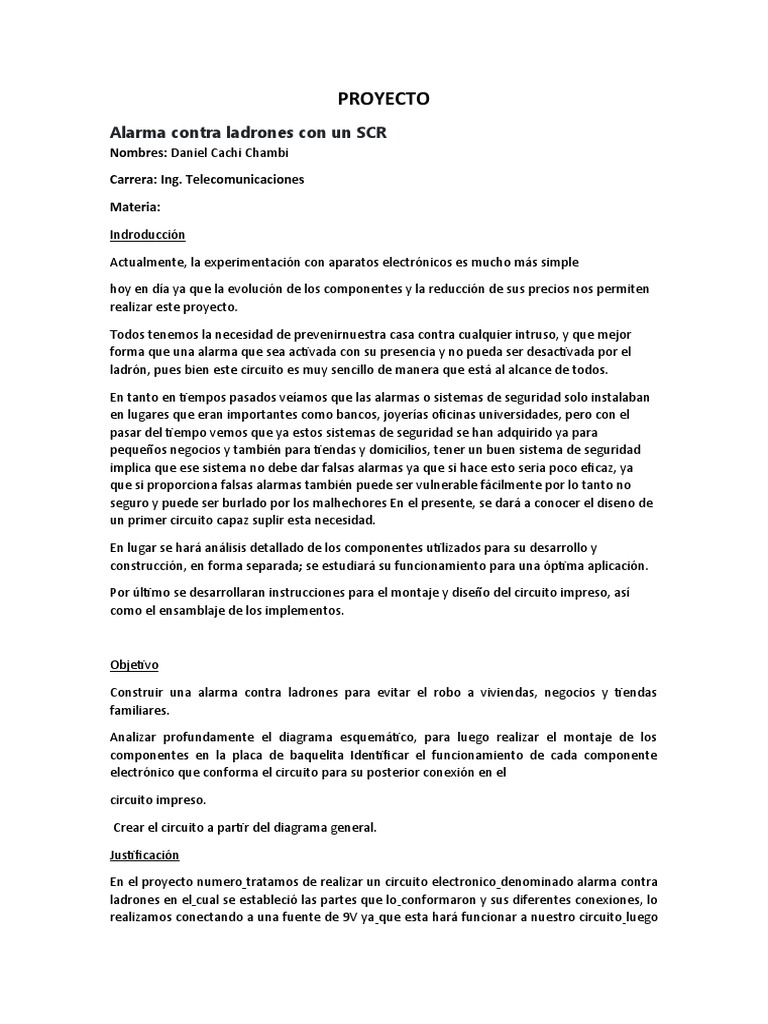 Proyecto: Alarma Contra Ladrones Con Un SCR | PDF | Tecnología e ingeniería