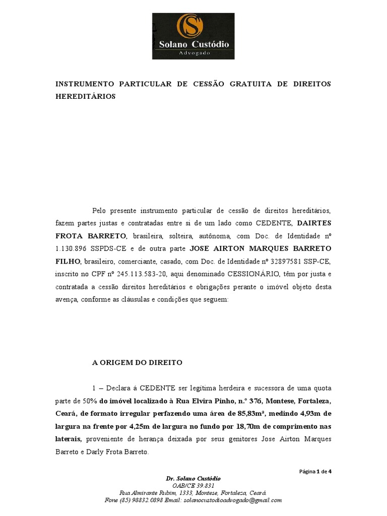 Contrato Particular De Cessão De Direitos Hereditários Pdf
