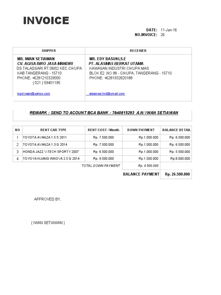 Invoice Rent Mobil | PDF