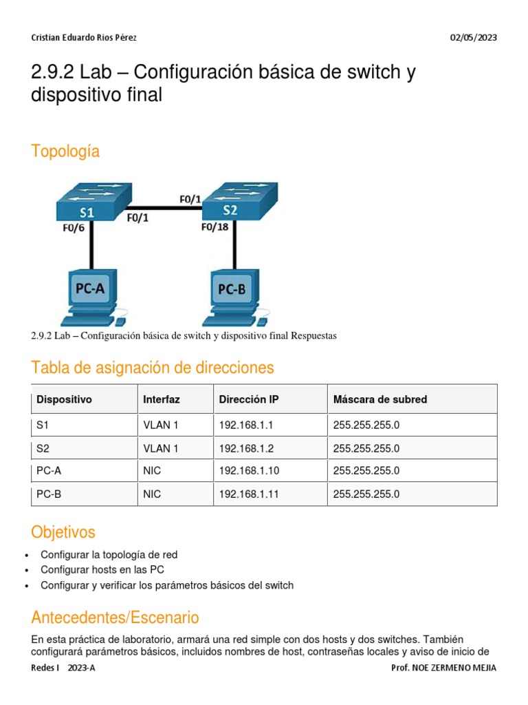 2.9.2 - Lab - Configuración básica de switch y dispositivo final | PDF