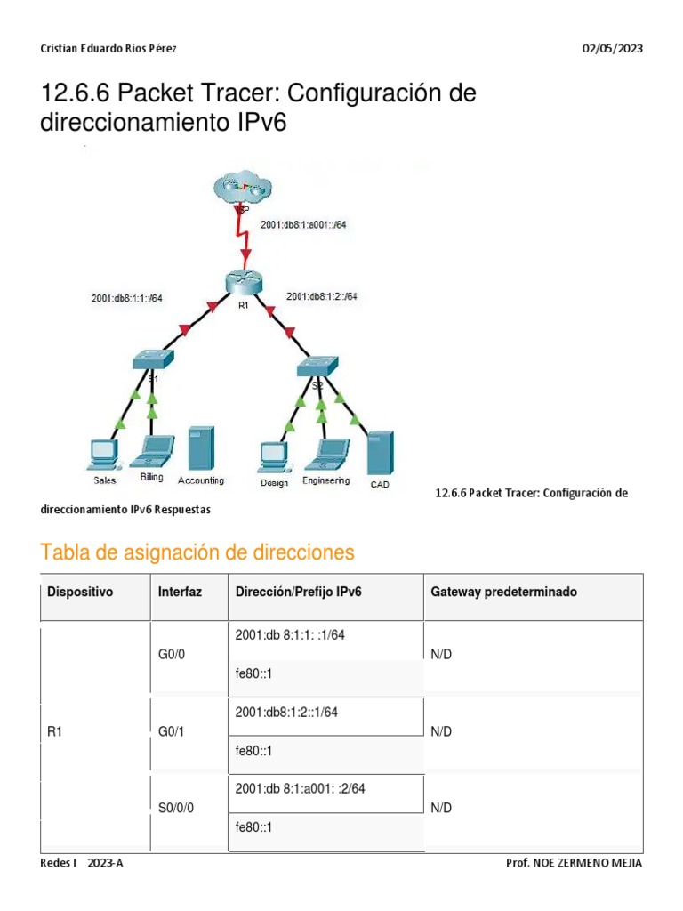 12.6.6 Packet Tracer - Configure Ipv6 Addressing - Es XL | PDF | Dirección IP | Yo Pv6