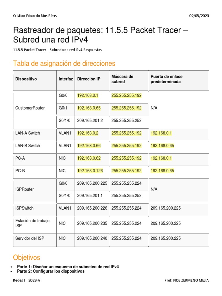 11.5.5 Packet Tracer - Subnet An Ipv4 Network - Es XL | PDF | Dirección IP | Redes de computadoras