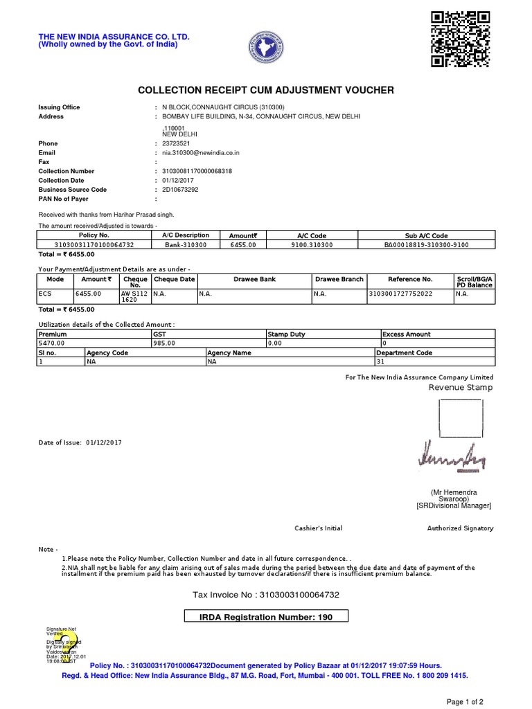 NIA Collection Receipt | PDF | Cheque | Taxes