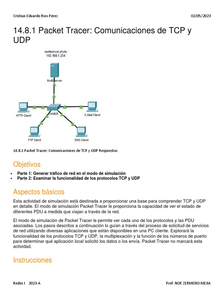 14.8.1 Packet Tracer - TCP and Udp Communications - Es XL | PDF | Protocolo de Control de ...