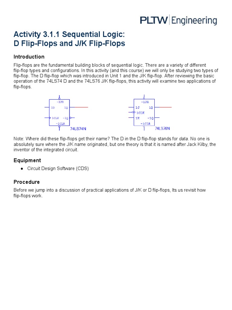 Activity 3.1.1 Sequential Logic - D Flip-Flops and JK Flip-Flops PDF | PDF Activity 3.1.1 Sequential Logic - D Flip-Flops and JK Flip-Flops PDF | PDF