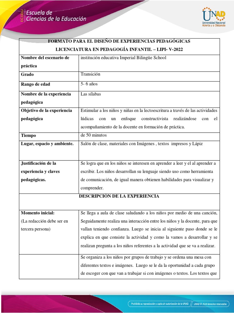 ANEXO 6 - Formato de Diseño de Experiencias Pedagogicas 1. | PDF | Aprendizaje | Maestros