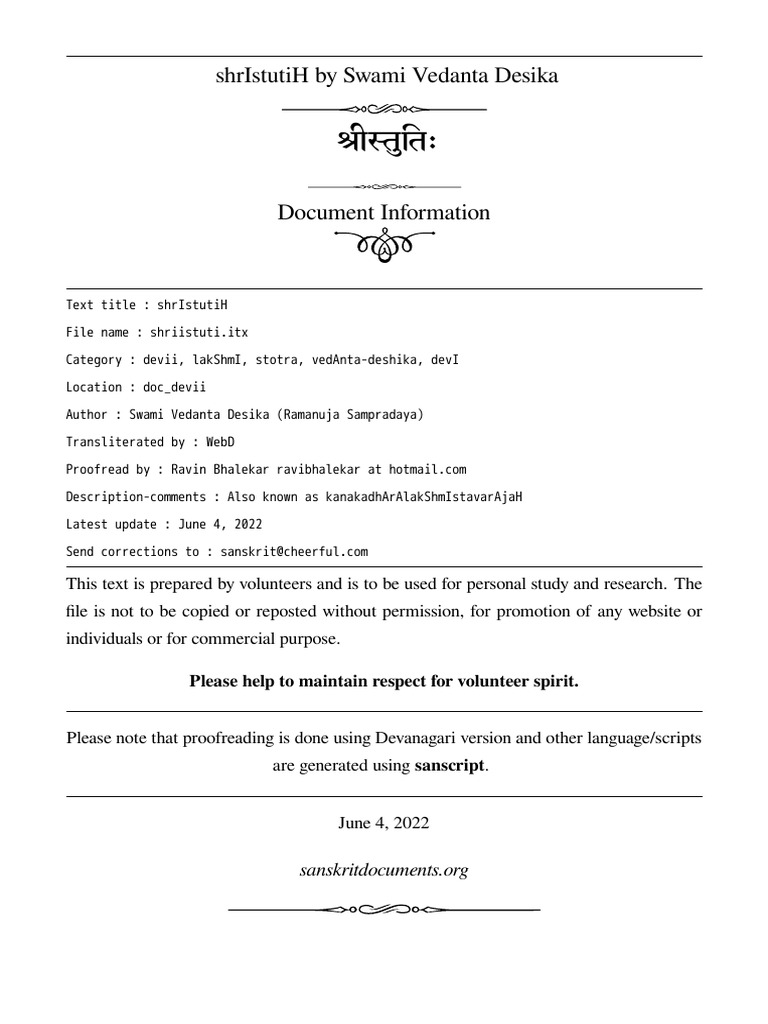 Shri Stuti by Vedanta Deshika | PDF