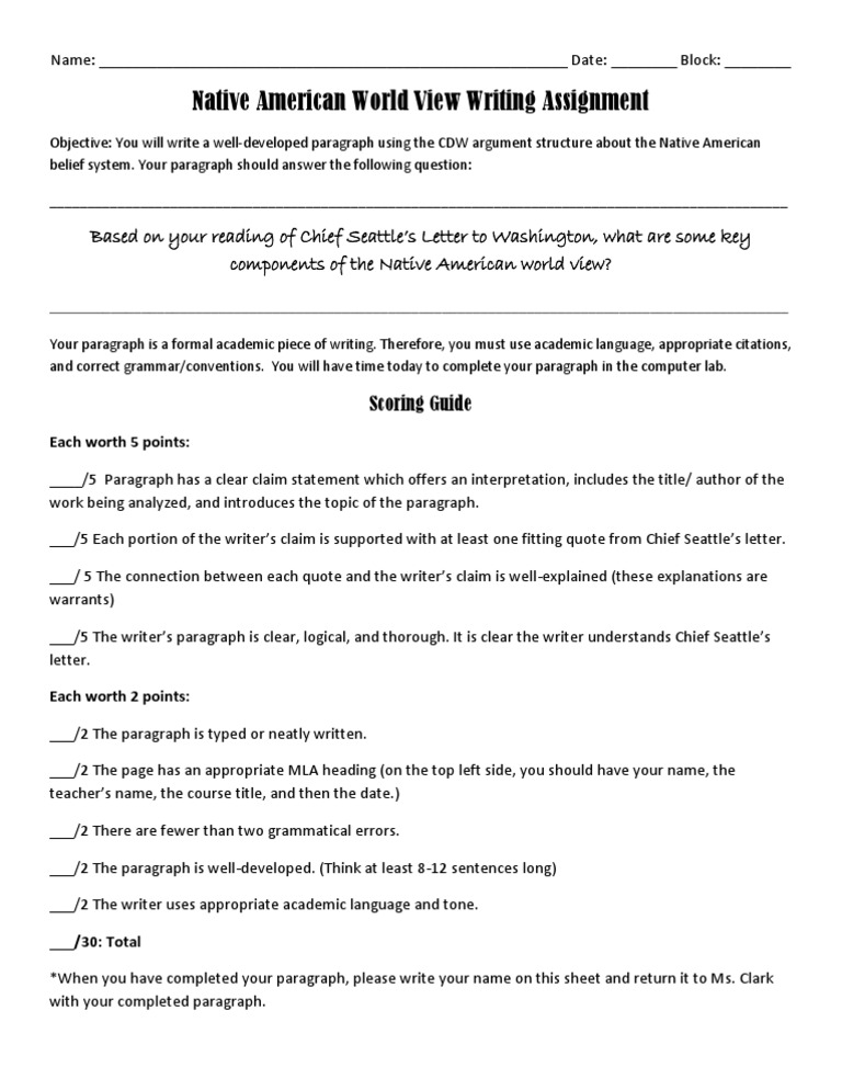 Native American World View Writing Assignment | PDF