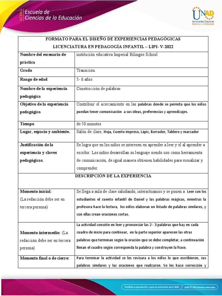 ANEXO 6 - Formato de Diseño de Experiencias Pedagogicas 2 | PDF