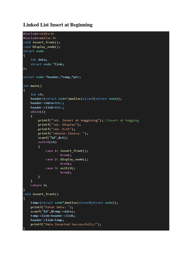 Inserting Nodes at the Beginning and End of a Linked List in C | PDF Inserting Nodes at the Beginning and End of a Linked List in C | PDF