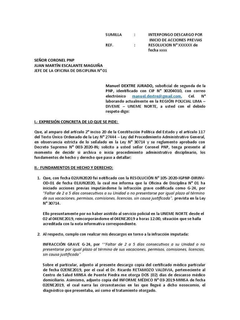 Modelo de Descargo Por Inicio de Acciones Previas | PDF | Derecho