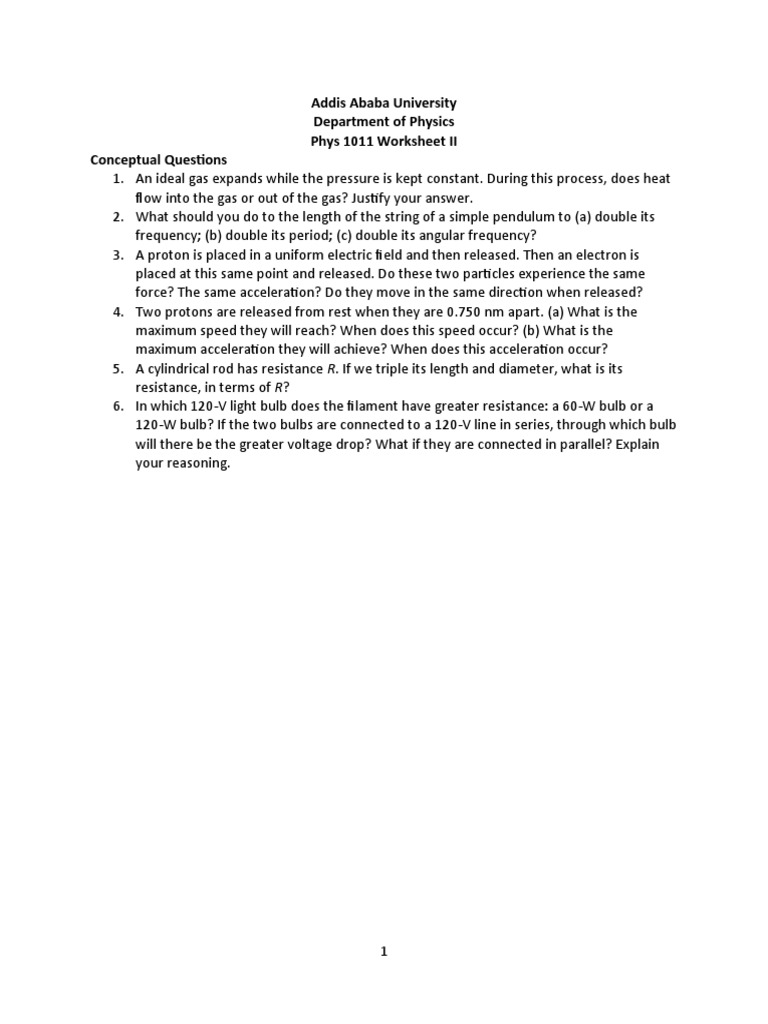 Phys 1011 Worksheet II 2015 | PDF