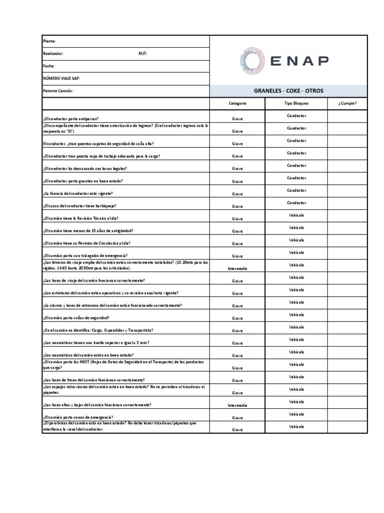 Check List Enap PDF | PDF | Camión | Transporte de tierra