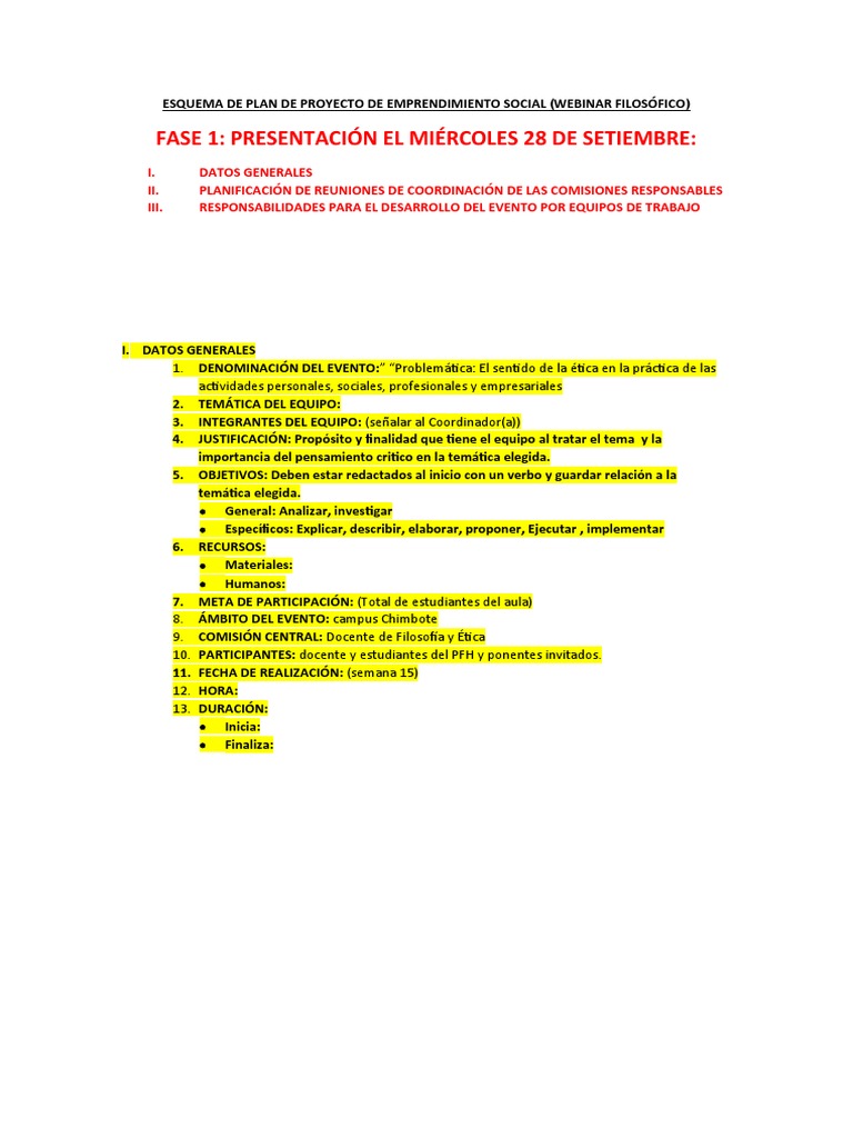 FORMATO PARA PROYECTO DE EMPRENDIMIENTO SOCIAL - Parte 1 SECCIÓN B3 | PDF