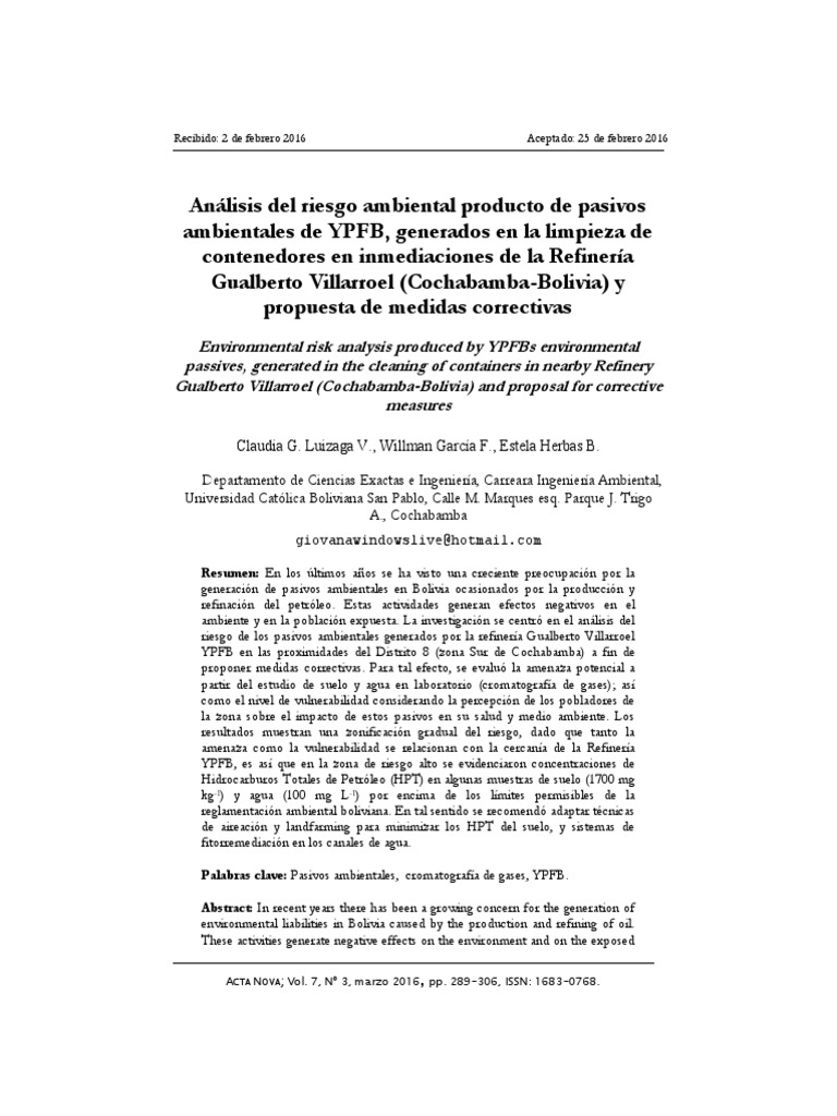 ARTICULO Riesgo Por Pasivos Ambientales de YPFB en Cochabamba | PDF