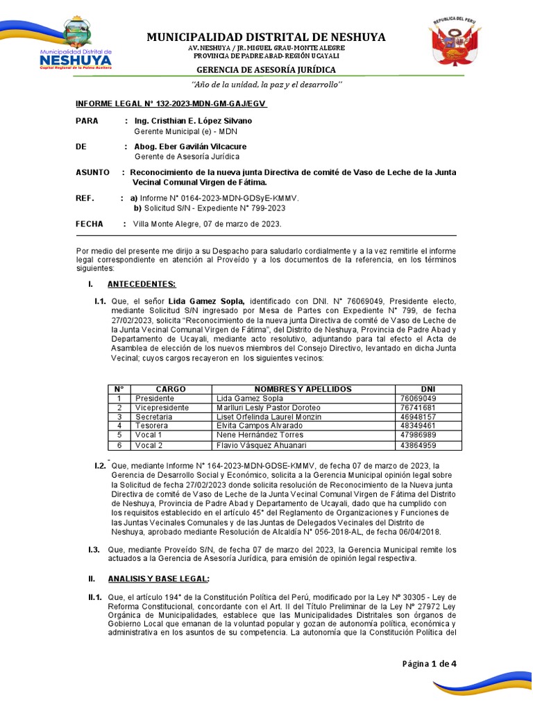 INFORME LEGAL #132-2023 Reconocimiento de La Nueva Junta Directiva de Comité de Vaso de Leche de ...