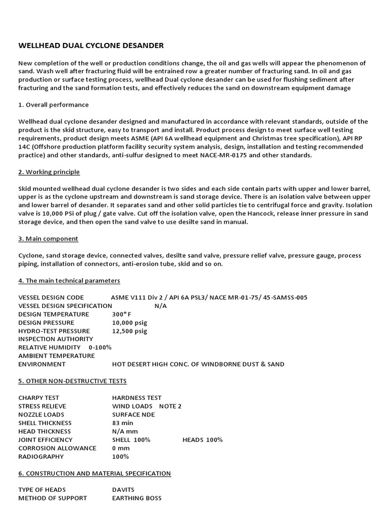 Wellhead Dual Cyclone Desander | PDF