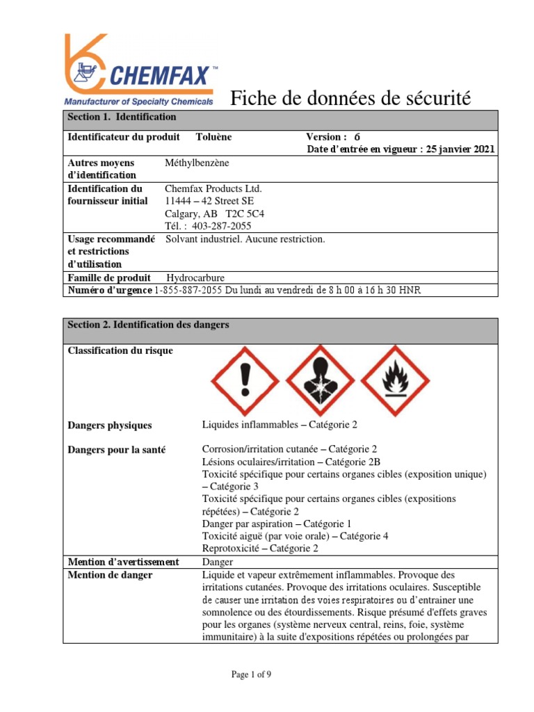 Fiche de sécurité du toluène | PDF | Bien-être