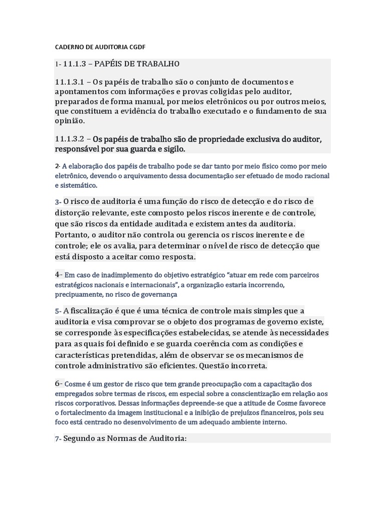 Papéis de Trabalho na Auditoria CGDF | PDF