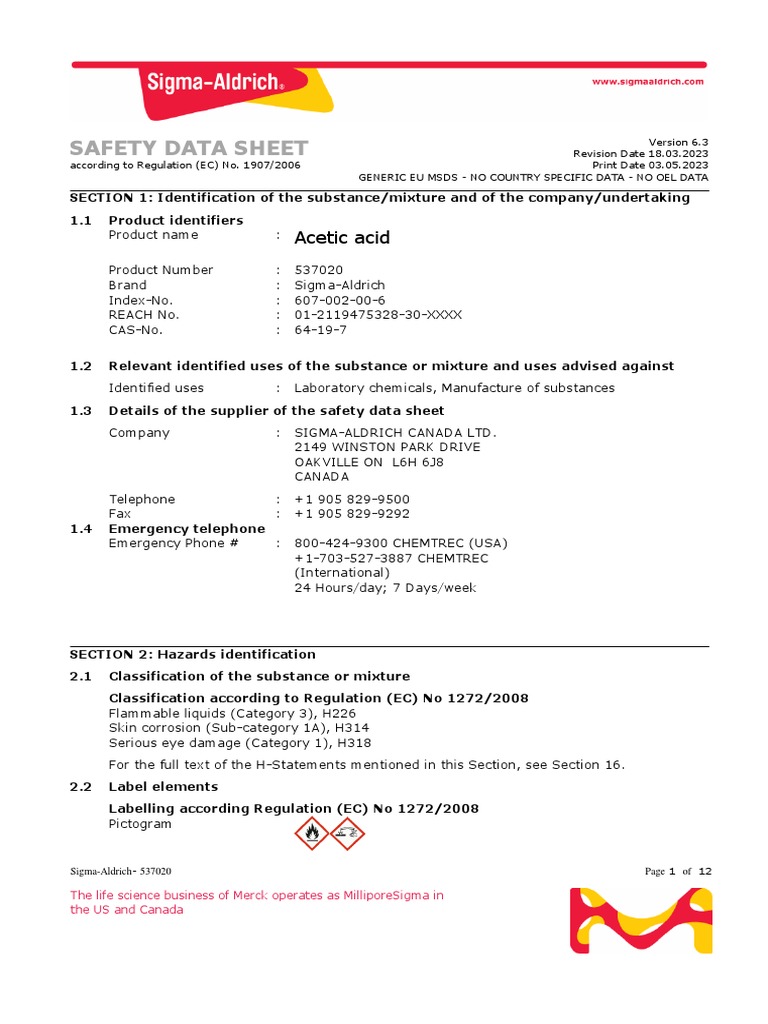 Safety Data Sheet: Acetic Acid | PDF | Dangerous Goods | Firefighting