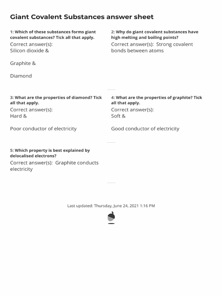 The Giant Covalent Structures Exit Quiz Answers PDF | PDF
