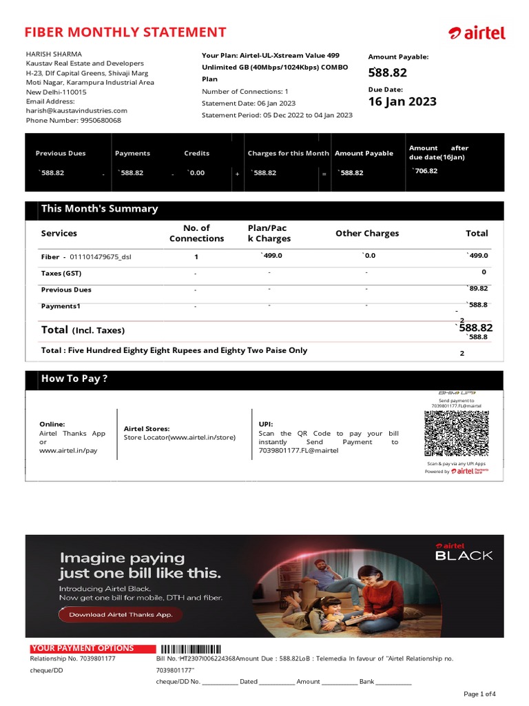 Airtel Fiber Bill for Jan 2023 | PDF | Payments | Cheque