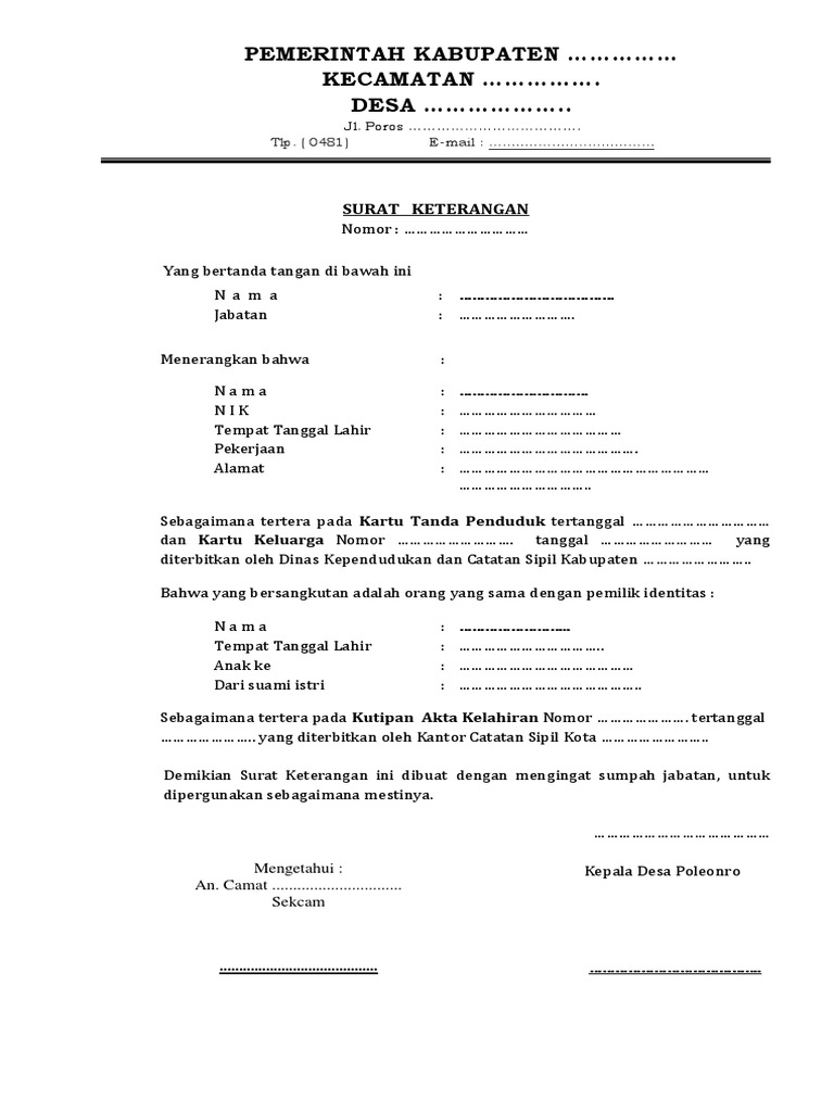 Contoh Keterangan Beda Identitas PDF | PDF
