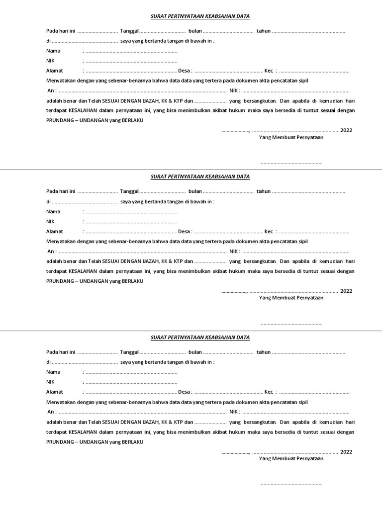 3. Contoh SURAT PERTNYATAAN KEABSAHAN DATA.pdf | PDF