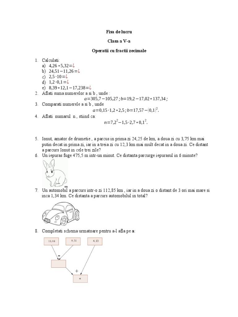 Fisa de Lucru Clasa A Va Operatii Cu Fractii Zecimale | PDF