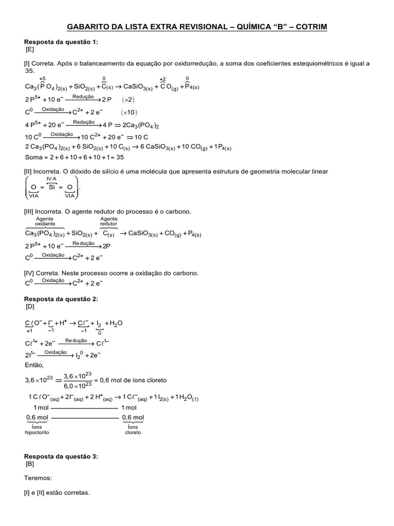 Gabarito - Lista Extra - Balanceamento REDOX PDF | PDF | Métodos e Materiais de Ensino