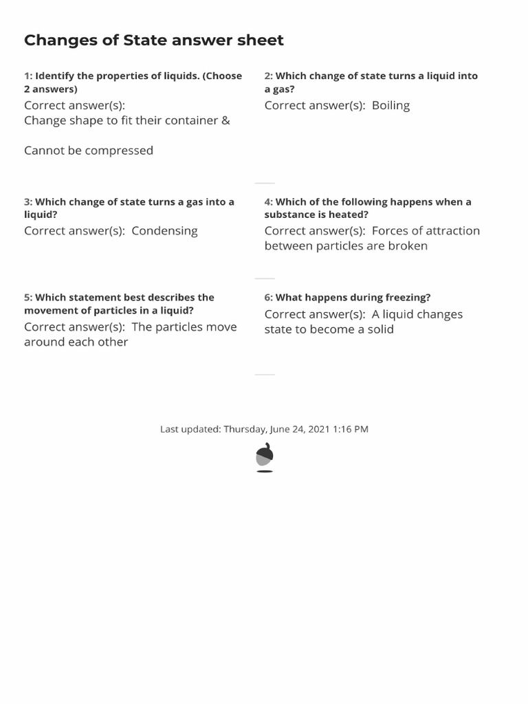 Changes of State (Part 1) Exit Quiz Answers | PDF