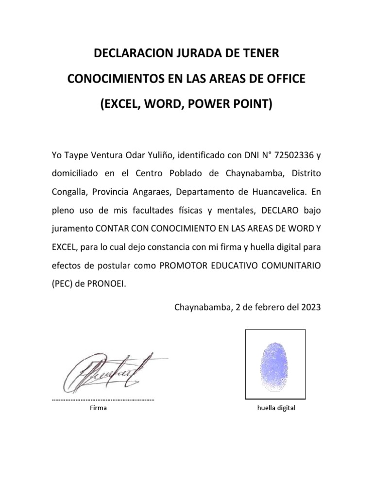 Declaracion Jurada de Tener Conocimientos en Las Areas de Office | PDF
