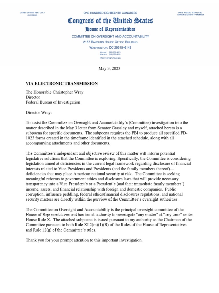 Comer Subpoena Cover Letter and Wray Subpoena 050322 | PDF | Politics | Law