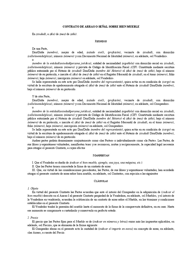 Contrato de Arras o Señal Sobre Bien Mueble | PDF | Pago inicial | Ley ...