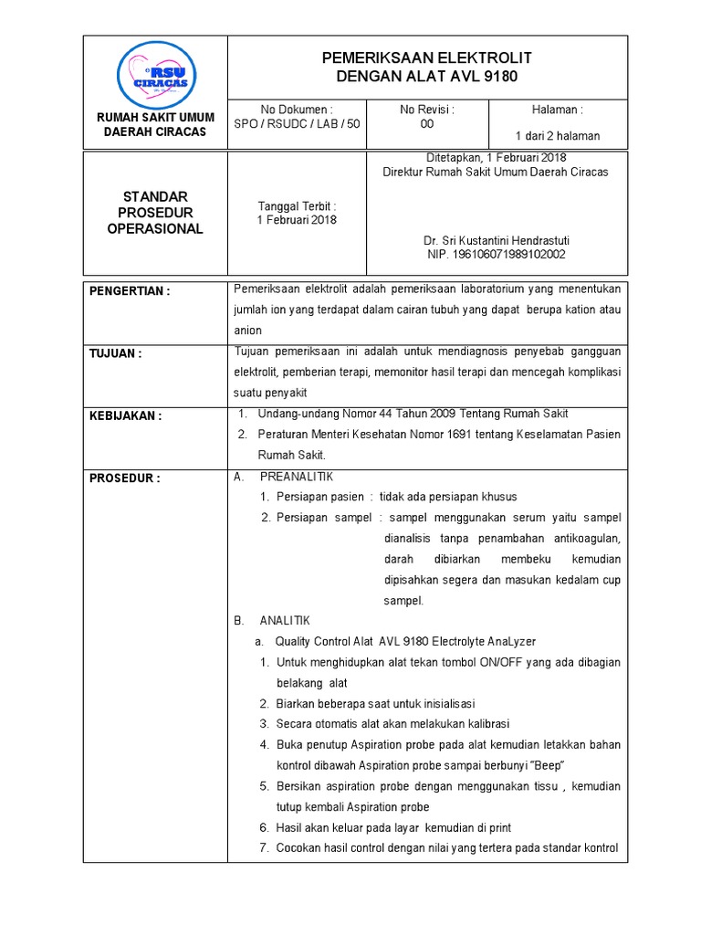 Spo Pemeriksaan Elektrolit Dengan Alat Avl 9180 | PDF