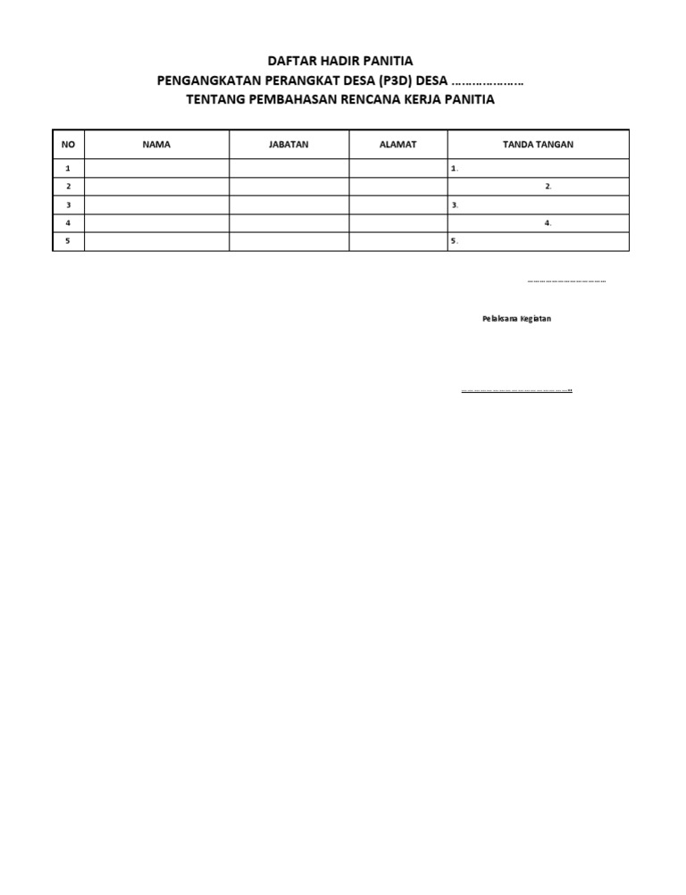Contoh Daftar Hadir Panitia Pengangkatan Perangkat Desa PDF | PDF
