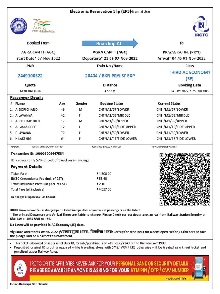 BKN Pryj SF Exp Third Ac Economy 3E PDF Identity Document
