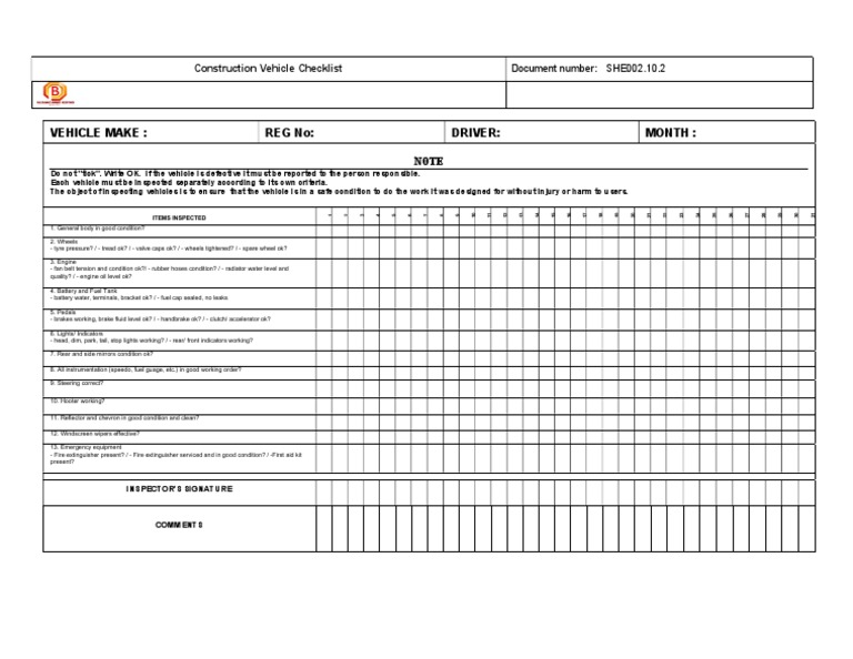Construction Vehicle Checklist PDF | PDF