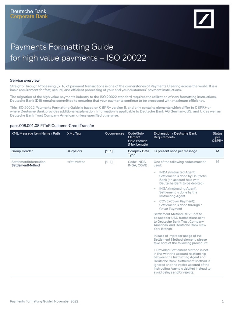 DB NOVEMBER 2022 Payments - Formatting - Guide - For - High - Value - Payments - ISO - 20022 PDF ...