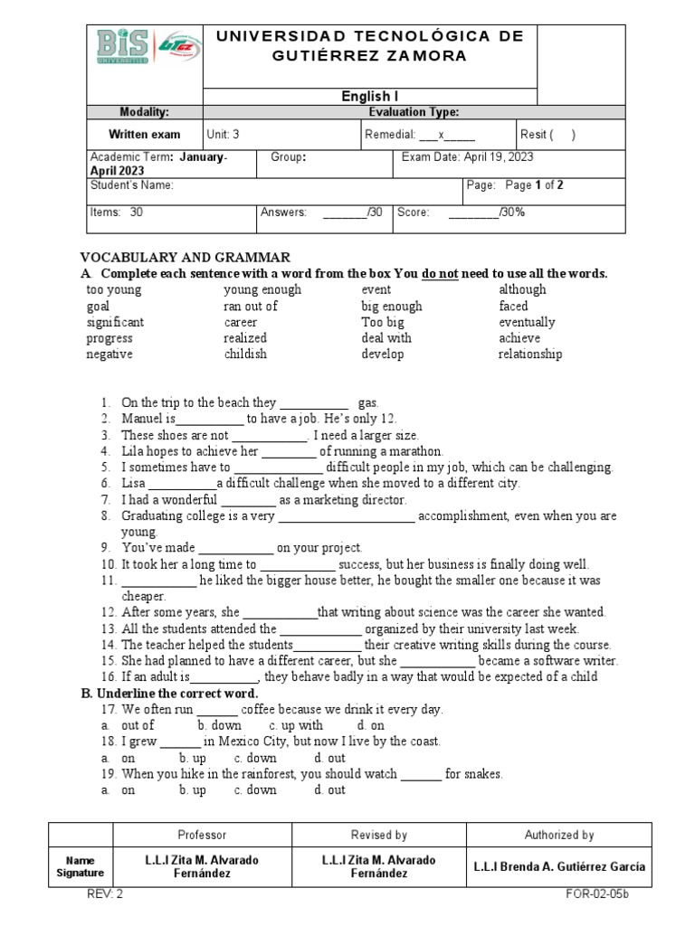 English I Remedial Exam Unit 3 | PDF