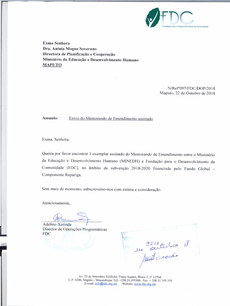 Memorando de Entendimento MINEDH FDC | PDF