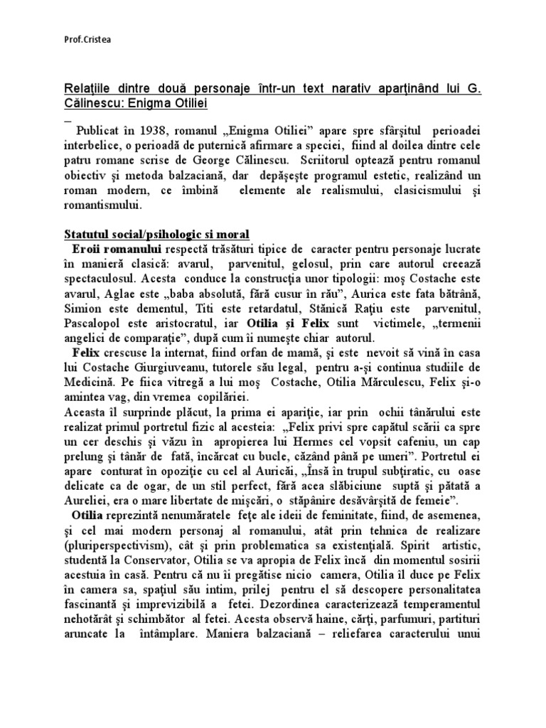 Enigma Otiliei Relatia Dintre Doua Personaje Felix-Otilia, 2019 | PDF