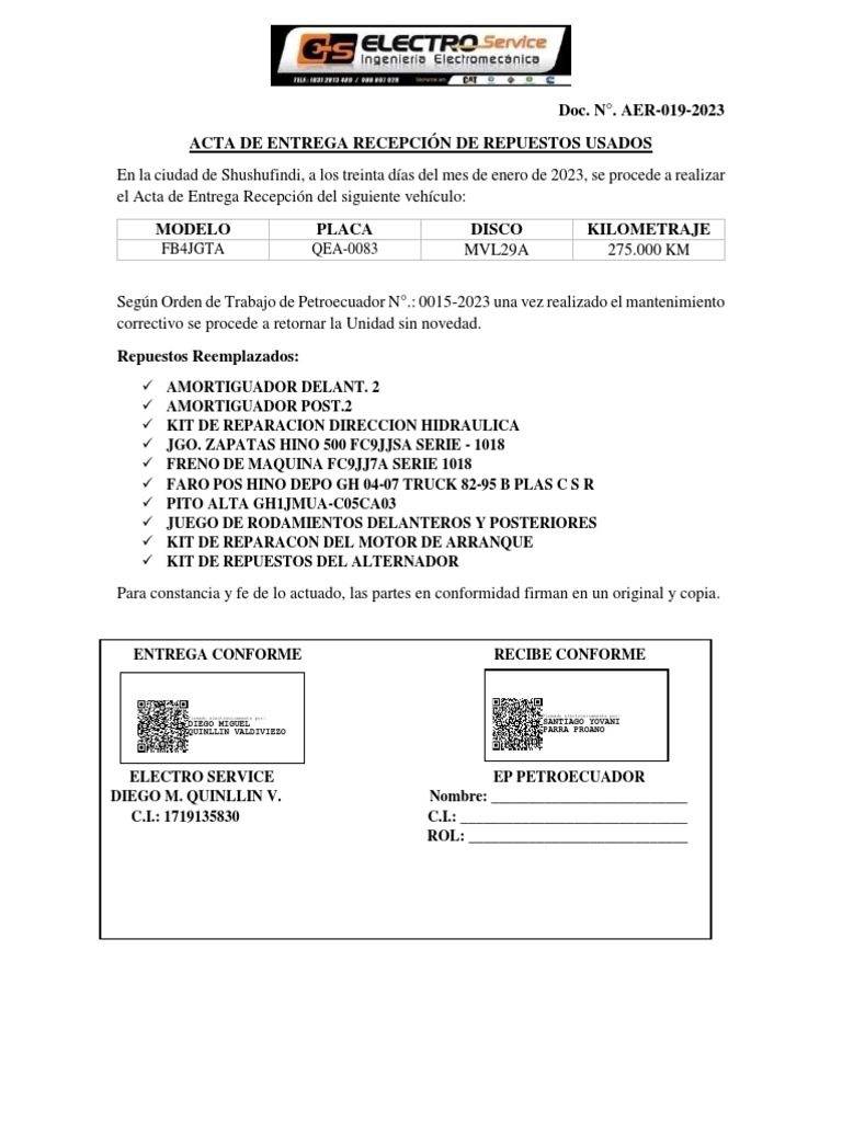 ACTA ENTREGA RECEPCION DE REPUESTOS USADOS MVL29A ENERO 2023-Signed ...