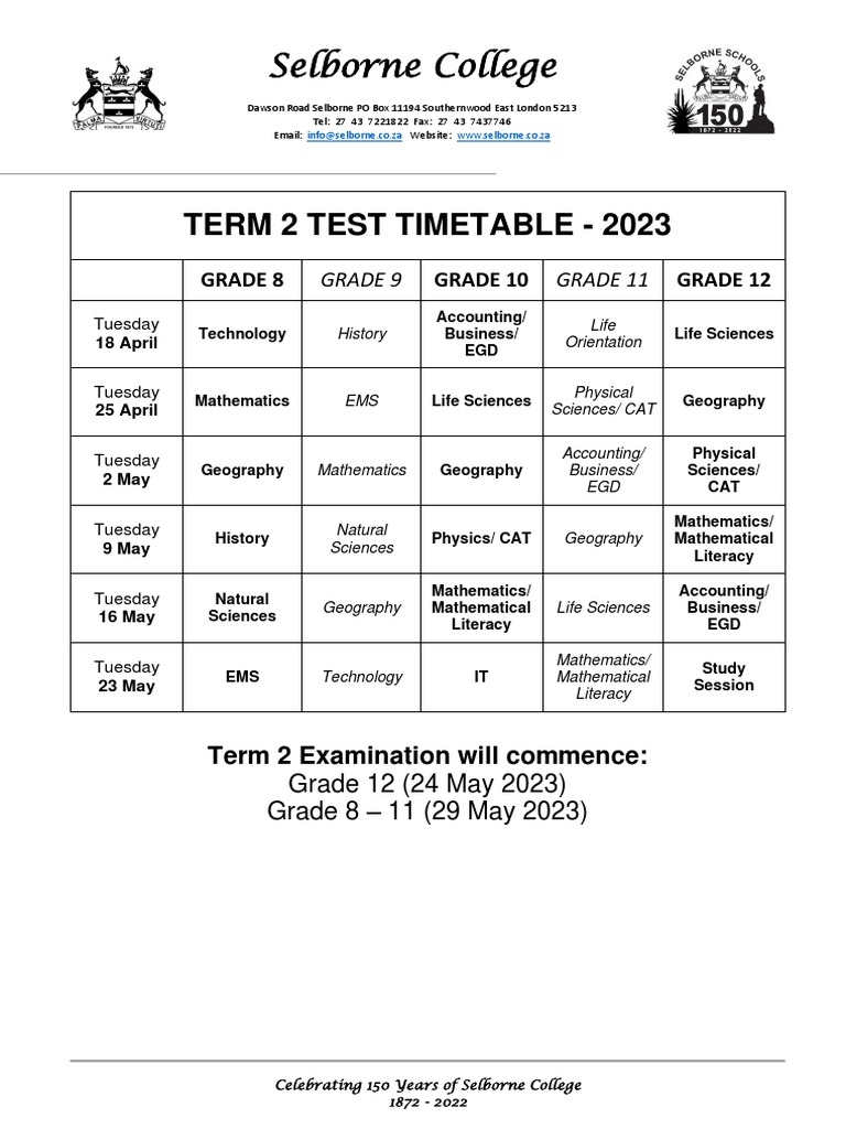 Term 2 Test Timetable 2023 PDF | PDF