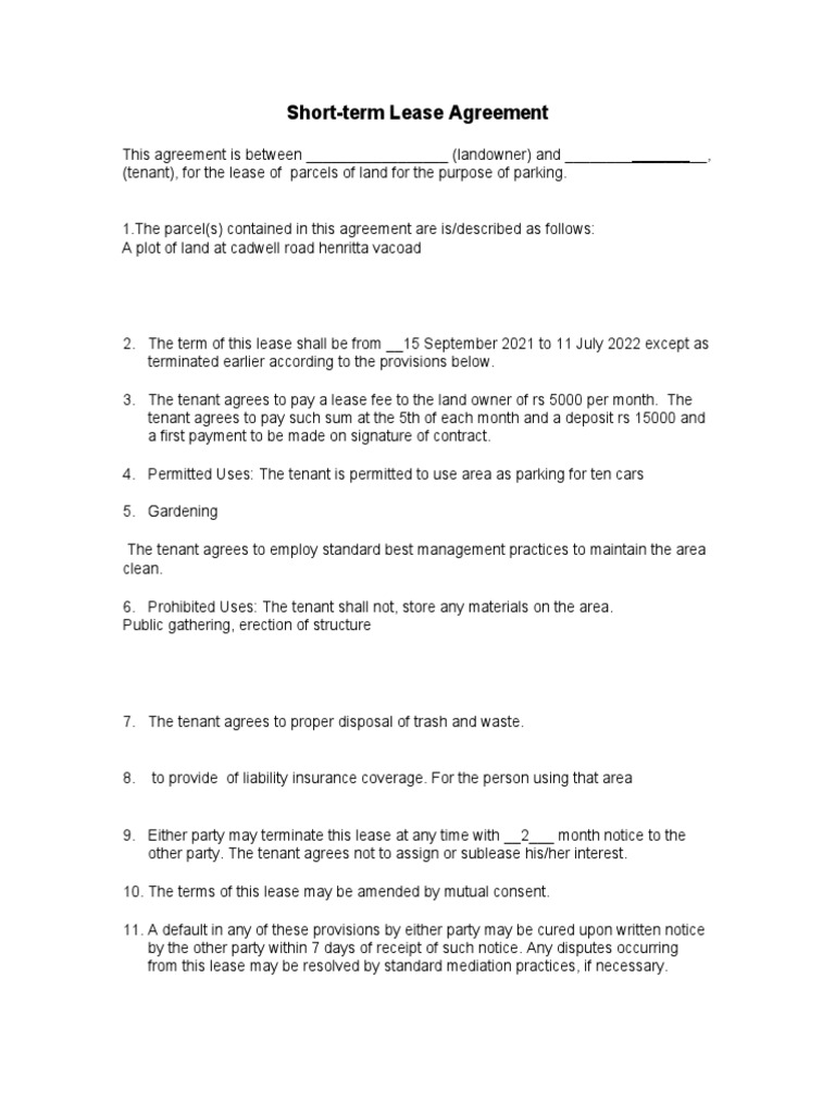 Sample Short Term Lease | PDF