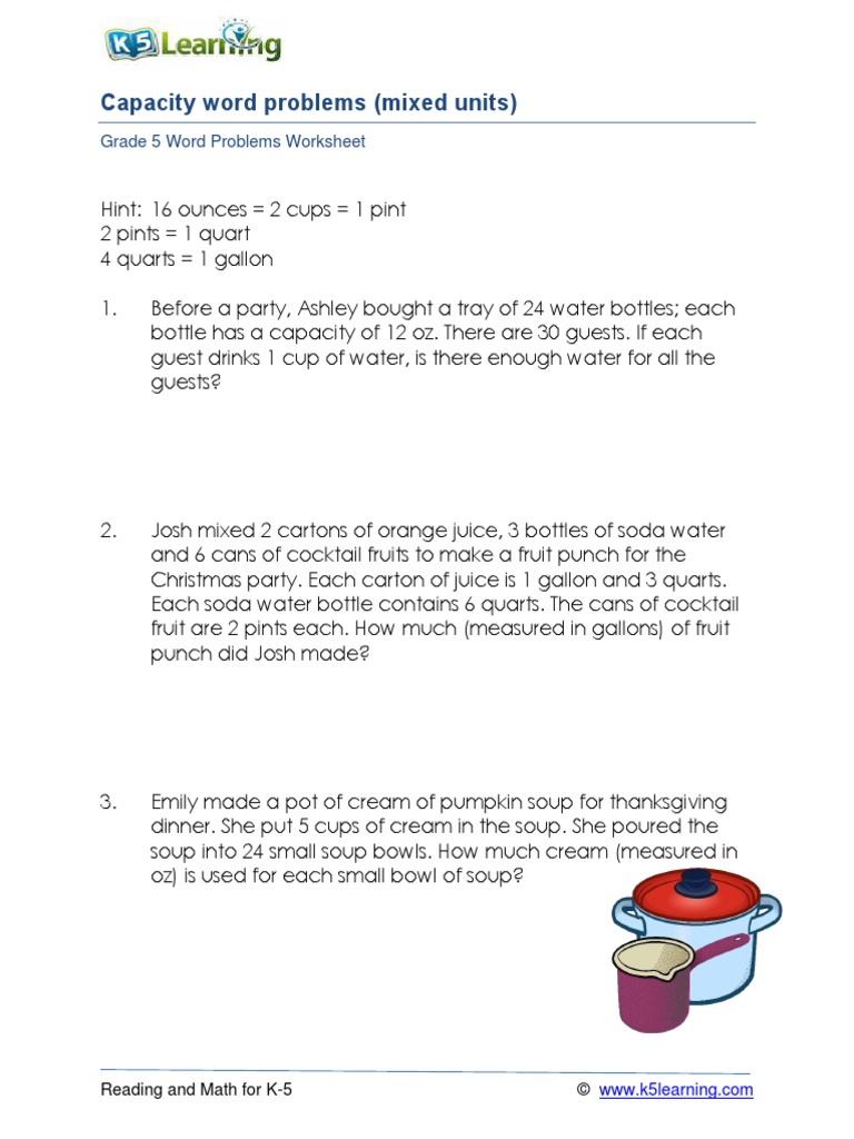 Capacity Word Problems Worksheet - Mixed Units PDF | PDF | Cooking ...