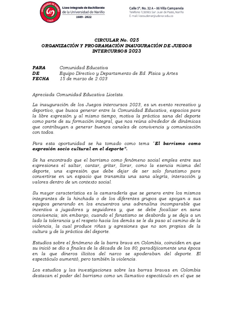 Circular 25. Juegos Intercursos - Organizacion y Programación.2023 PDF | PDF