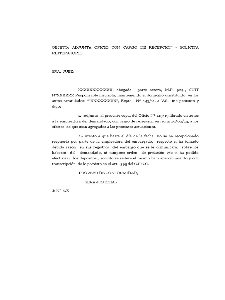 Adjunta Oficio Con Cargo - Solicita Reiteratorio | PDF
